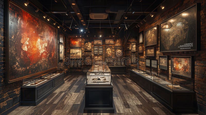 Interior View of an Art Gallery with Artwork and Display Cases Stock ...