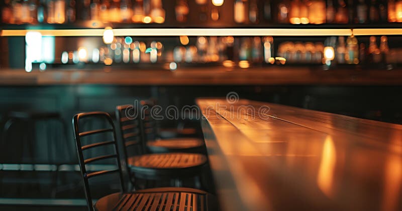 Dimly Lit Bar Counter with Empty Stools and a Row of Bottles on Shelves ...