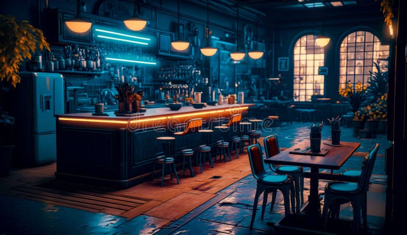Dimly Lit Bar with Lot of Stools. Generative AI Stock Illustration ...