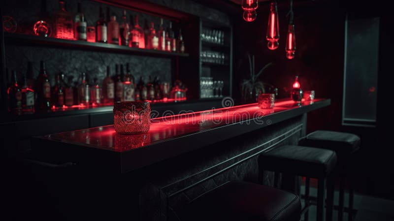 A Dimly Lit Bar with Red Lights and Bottles on the Shelves Stock ...