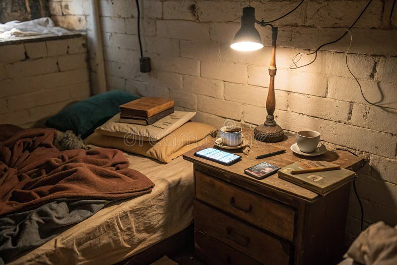 Dimly Lit Basement Bedroom with Rustic Charm and Soft Glow from Stock ...