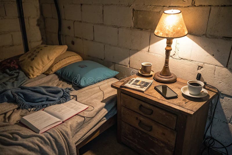 Dimly Lit Basement Bedroom with Rustic Charm and Soft Glow from Stock ...