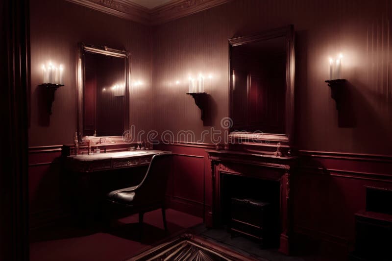 A Dimly Lit Bathroom with a Vanity, Mirror, and Fireplace. Generative ...