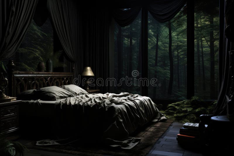 Dimly Lit Bedroom with Bed and Lamp Stock Illustration - Illustration ...