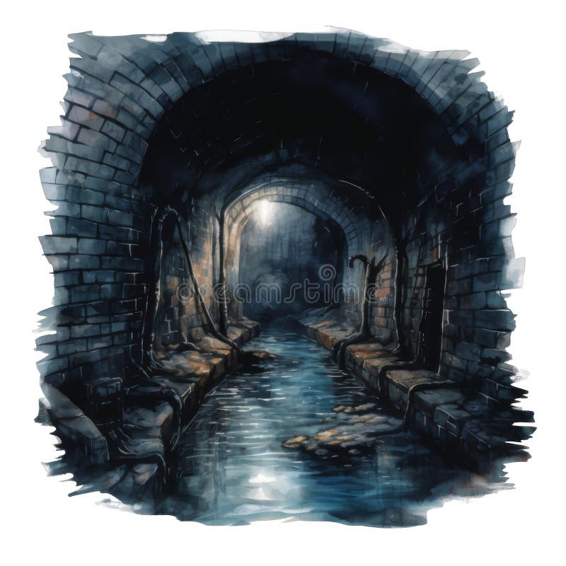 A Dark, Brick-lined Tunnel with a Water Channel Running through it ...