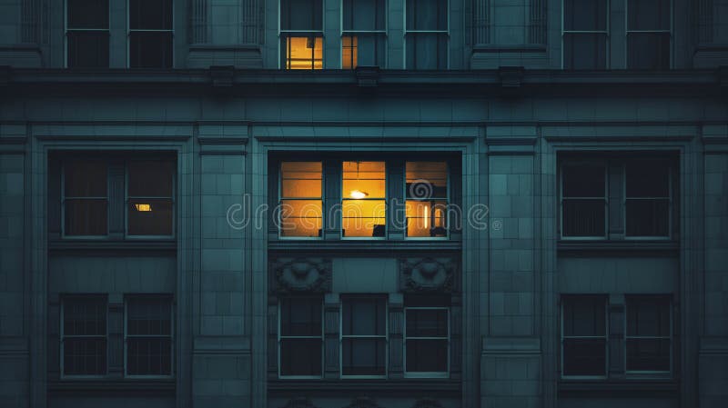 Dimly Lit Building Facade at Night with One Brightly Illuminated Office ...