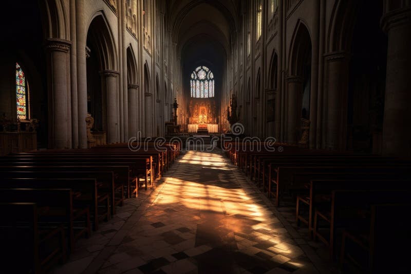 Dimly Lit Cathedral Aisle with Dramatic Shadows Stock Illustration ...