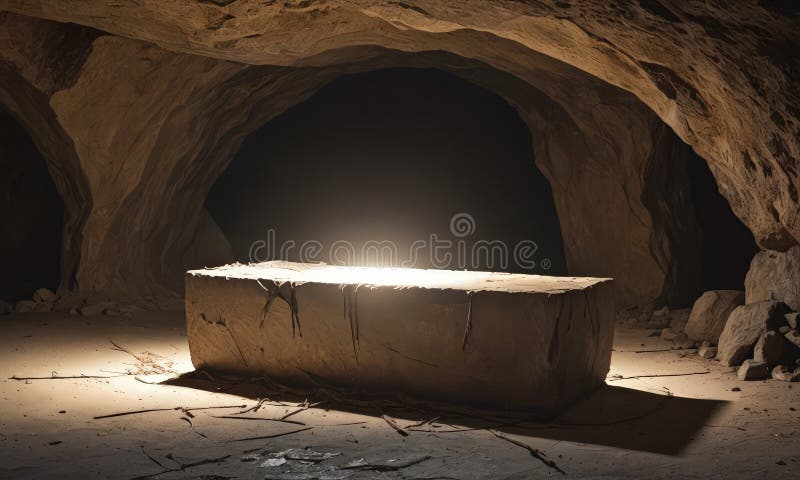 Dimly Lit Cave Interior Features Large Stone Slab with Single Light ...