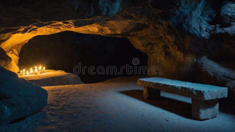 Mysterious Cave Altar with Stone Bench and Candles Stock Illustration ...