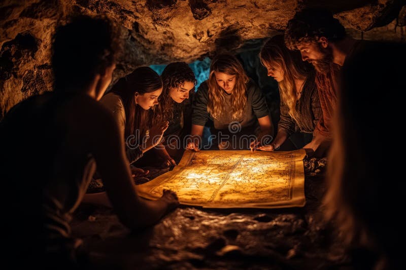 A Group of Adventurers Exploring a Cave by Candlelight. they Study an ...