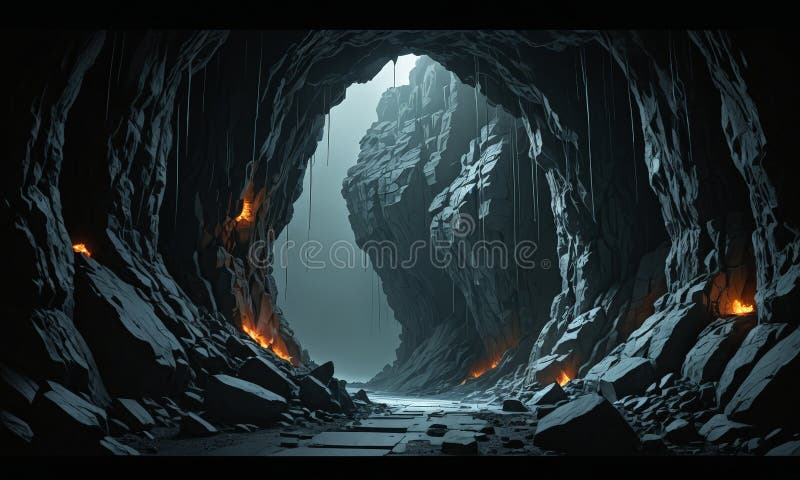 Dimly Lit Cave with Winding Path Leads To Bright Light at the End ...