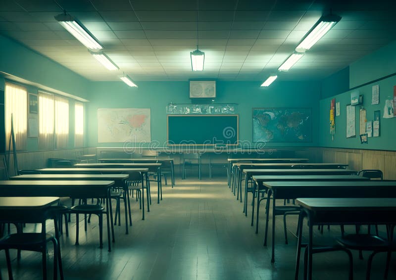 A Dimly Lit Classroom with Empty Desks and Educational Maps on the ...