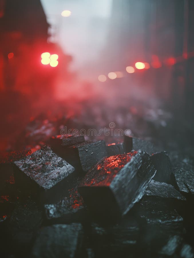 Dimly Lit Coal Blocks with Red Lights in the Background. Stock Image ...