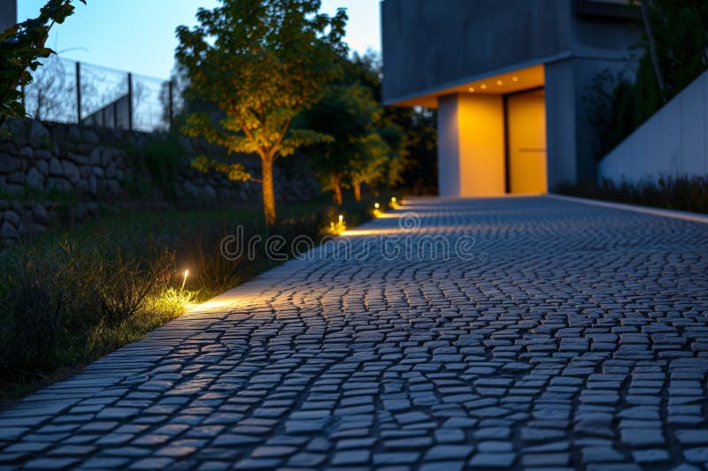Dimly Lit Cobblestone Walkway To a Modern Home at Dusk Stock Image ...