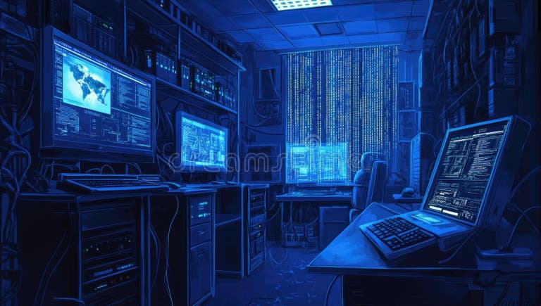 Cyberpunk Hacker s Lair stock illustration. Illustration of server ...