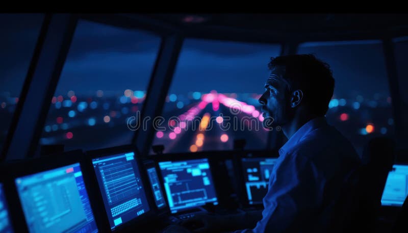 In a Dimly Lit Control Tower, an Air Traffic Controller Focuses on ...