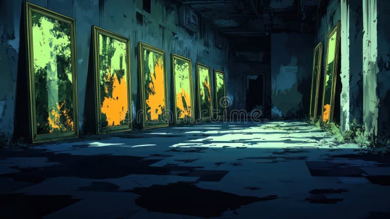 Mysterious Abandoned Hallway with Distorted Reflections in Old Mirrors ...