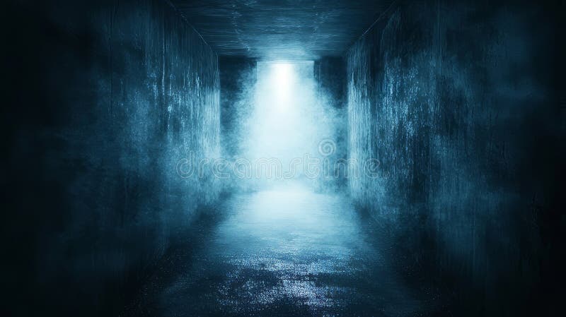 A Dimly Lit Corridor with Doors and a Bright Light at the End Stock ...