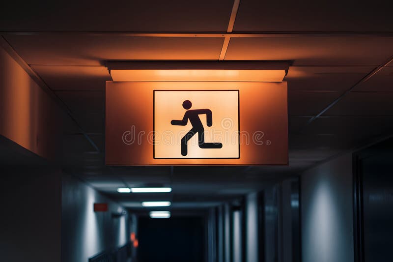 Dimly Lit Corridor with Emergency Exit Sign, Orange Hue Evoking Urgency ...