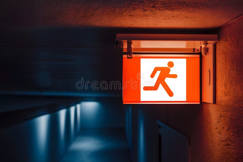 Dimly Lit Corridor with Emergency Exit Sign, Orange Hue Evoking Urgency ...