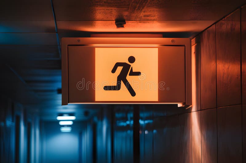 Dimly Lit Corridor with Emergency Exit Sign, Orange Hue Evoking Urgency ...