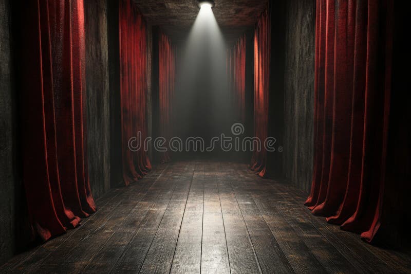 Dramatic Stage Hallway with Red Curtains and Spotlight Illuminating ...