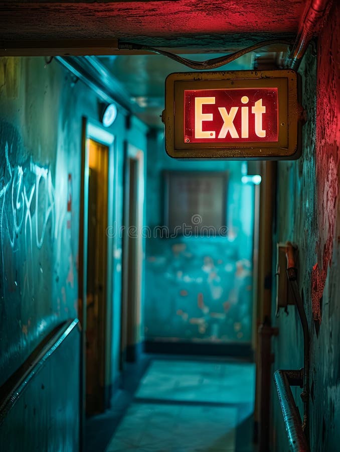 Dimly Lit Corridor Illuminated Exit Sign Stock Photos - Free & Royalty ...