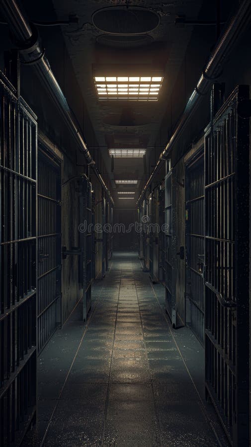 Dimly Lit Corridor of a Prison with Barred Cells and Fluorescent ...