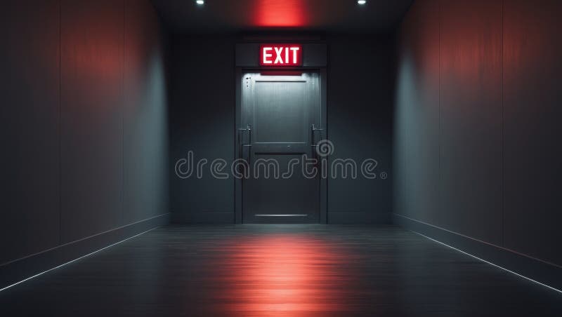 Dimly Lit Corridor with Red Exit Sign Above Closed Doorway. Stock Photo ...