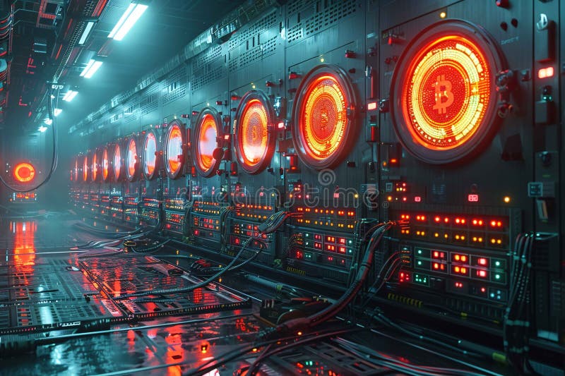 Dimly Lit Crypto Mining Farm with Powerful ASIC Miners. Stock ...