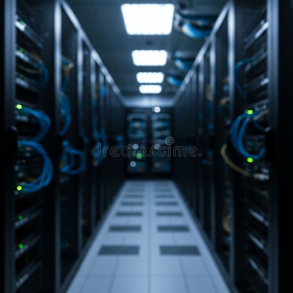 Dimly Lit Data Center Corridor with Rows of Server Racks Lining Both ...