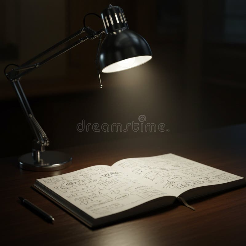 A Dimly Lit Desk Scene Featuring an Open Notebook Filled with Sketches ...