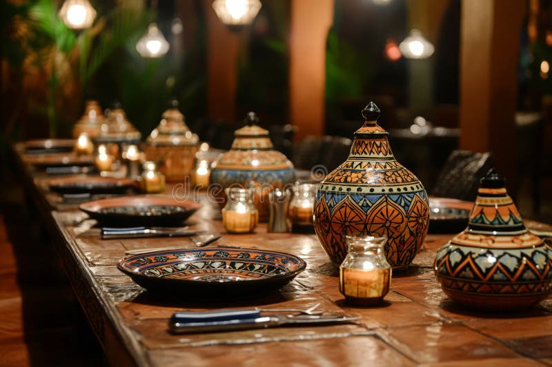 A Dimly Lit Dining Table Featuring Traditional Moroccan Tagines, Plates ...