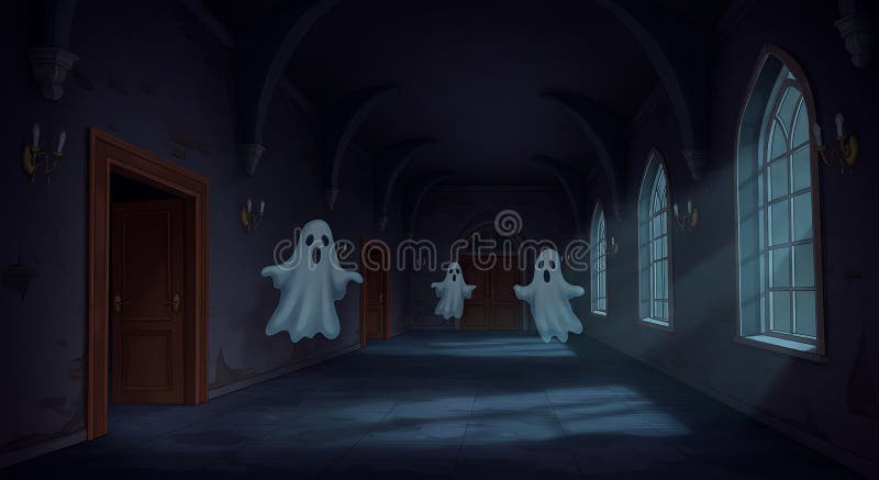 A Dimly Lit, Eerie Hallway Features Arched Windows with Moonlight ...