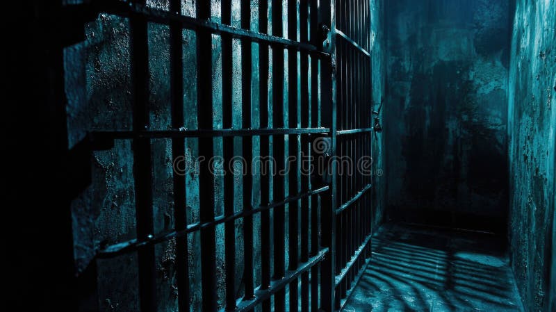 Dimly Lit Empty Prison Cell with Iron Bars and Grungy Concrete Walls ...