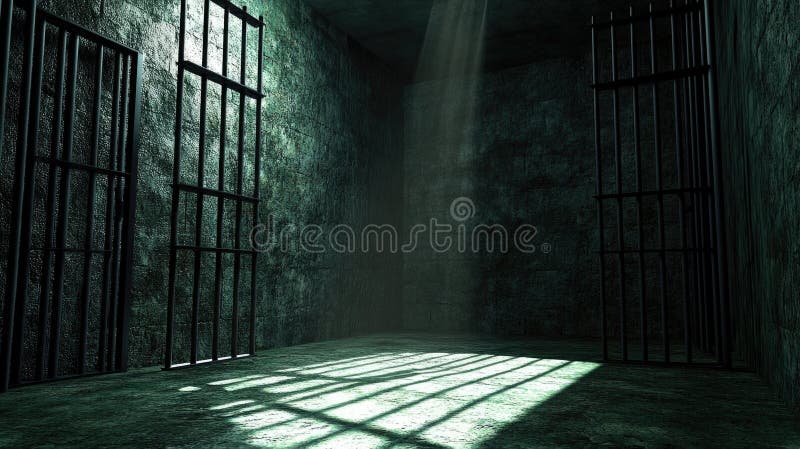 Dimly Lit Empty Prison Cell with Iron Bars and Stone Walls Stock Photo ...