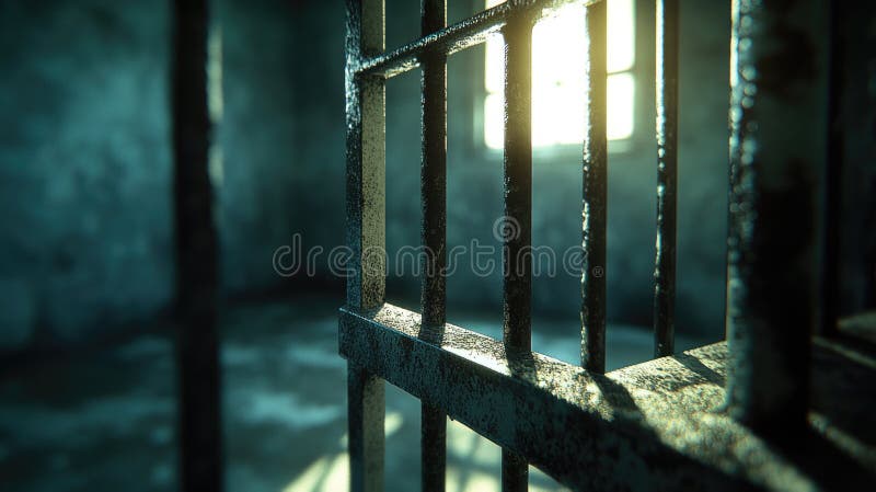 Dimly Lit Empty Prison Cell with Rusted Iron Bars and Sunlight ...