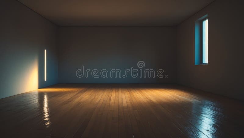 A Dimly Lit Empty Room with Wooden Floor and Spotlights. Stock Photo ...