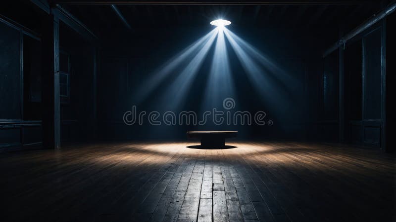 Dimly Lit Empty Stage with Wooden Floor and Spotlights Creating a ...