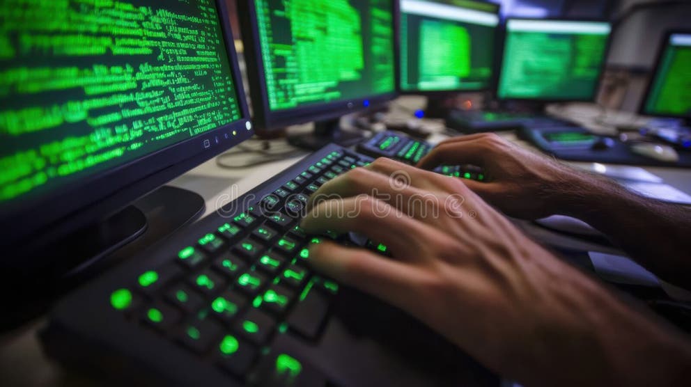 In a Dimly Lit Environment, a Pair of Hands Types on a Backlit Keyboard ...