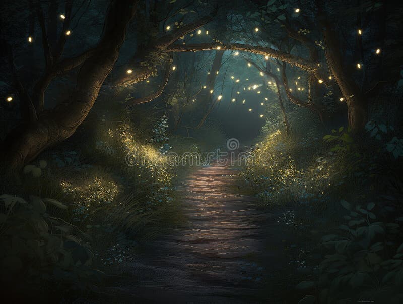 Enchanted Forest Pathway with Glowing Lights Stock Image - Image of ...