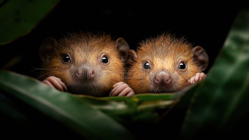 Two Adorable Baby Rodents Peek through Lush Green Leaves, Their Eyes ...
