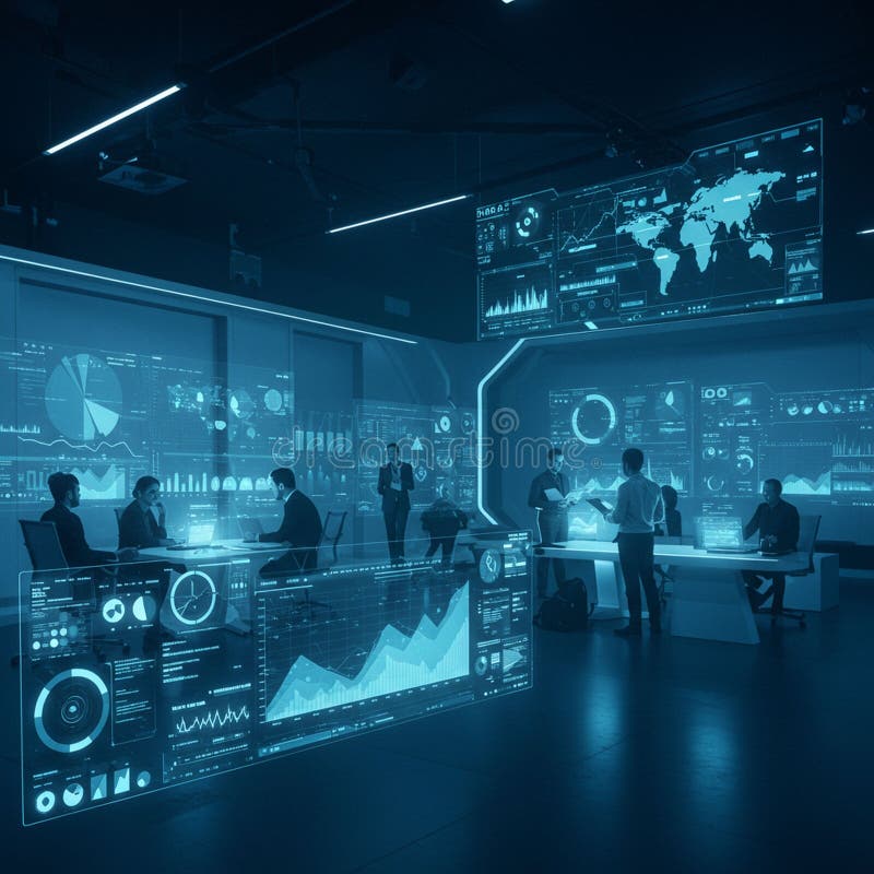 Dimly Lit, Futuristic Room with Multiple Individuals Working on ...