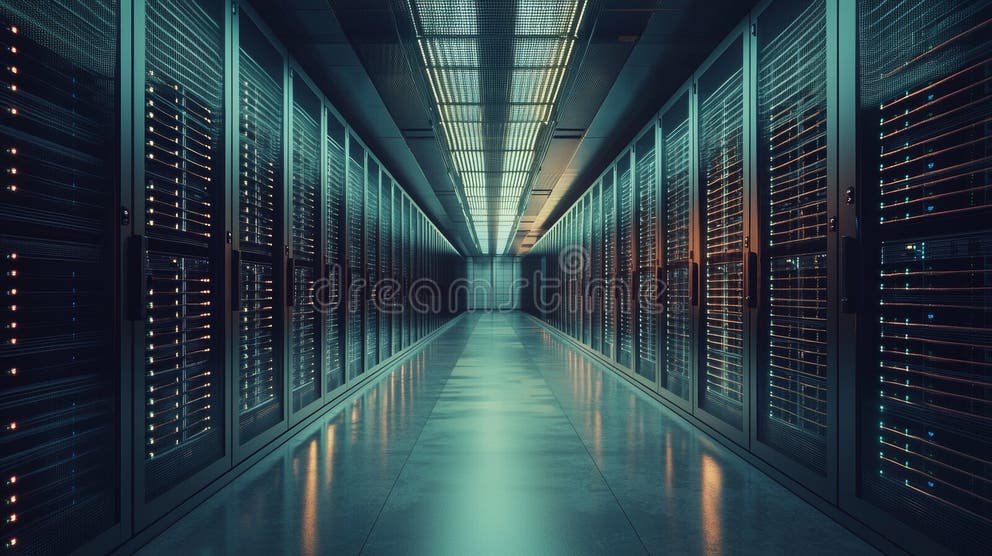 Dimly Lit Futuristic Server Room with Endless Rows of Data Servers ...