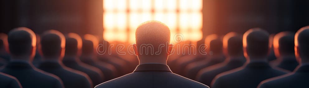 Dimly Lit Gathering with Individuals Facing Bright Light Stock ...