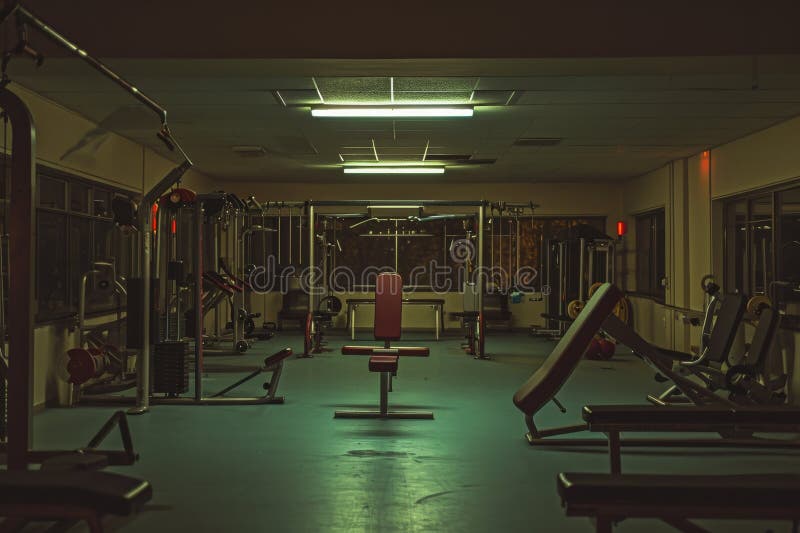 A Dimly Lit Gym Featuring a Row of Exercise Benches Ready for a Workout ...