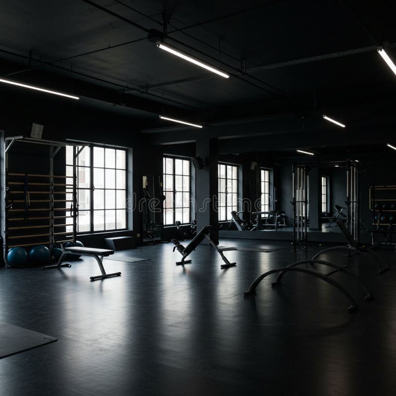 Dimly Lit Gym with Large Windows Showing Natural Light. Features ...