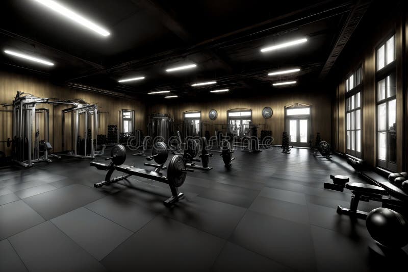 A Dimly Lit Gym with Rows of Exercise Equipment. Generative AI Stock ...
