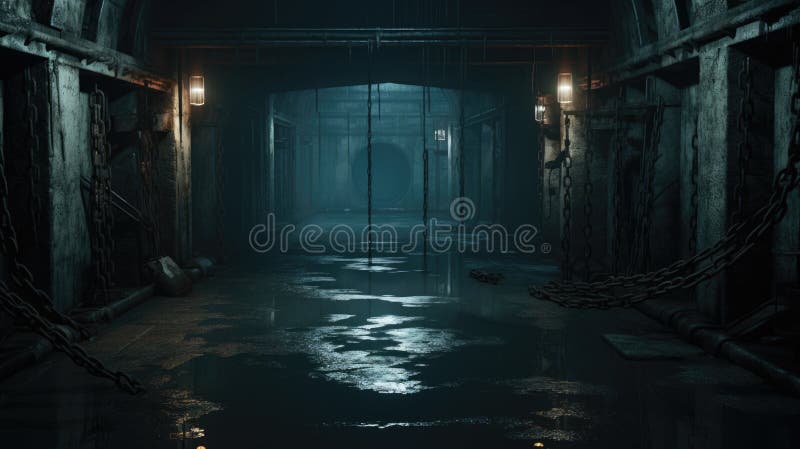 A Dimly Lit Hallway with a Chain Hanging from the Ceiling. Cellar with ...