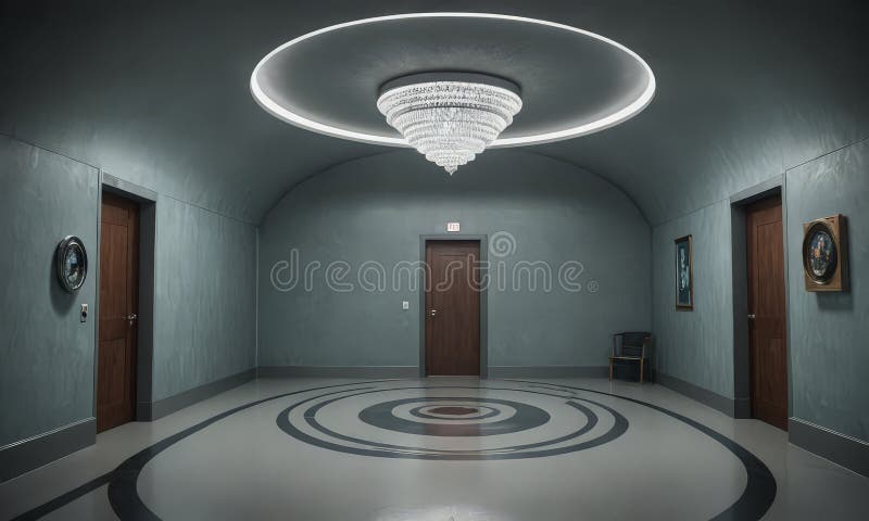 Dimly Lit Hallway with Circular Patterned Floor, Chandelier, and Three ...